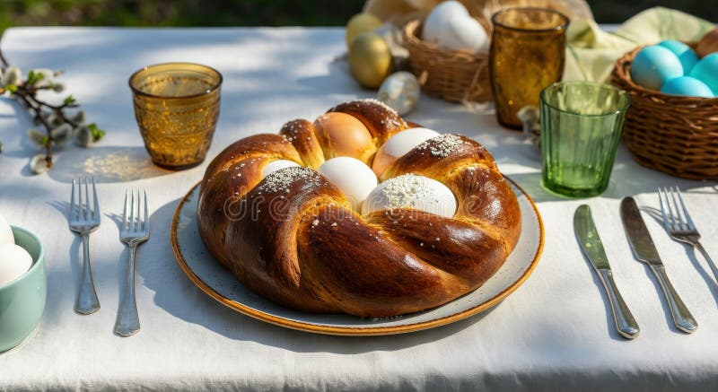 Traditional Greek Easter Bread Tsourek with Colored Eggs on Festive ...