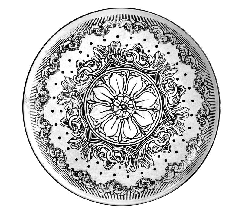 Traditional Greek Flat White Plate with Gray Patterns on a White ...