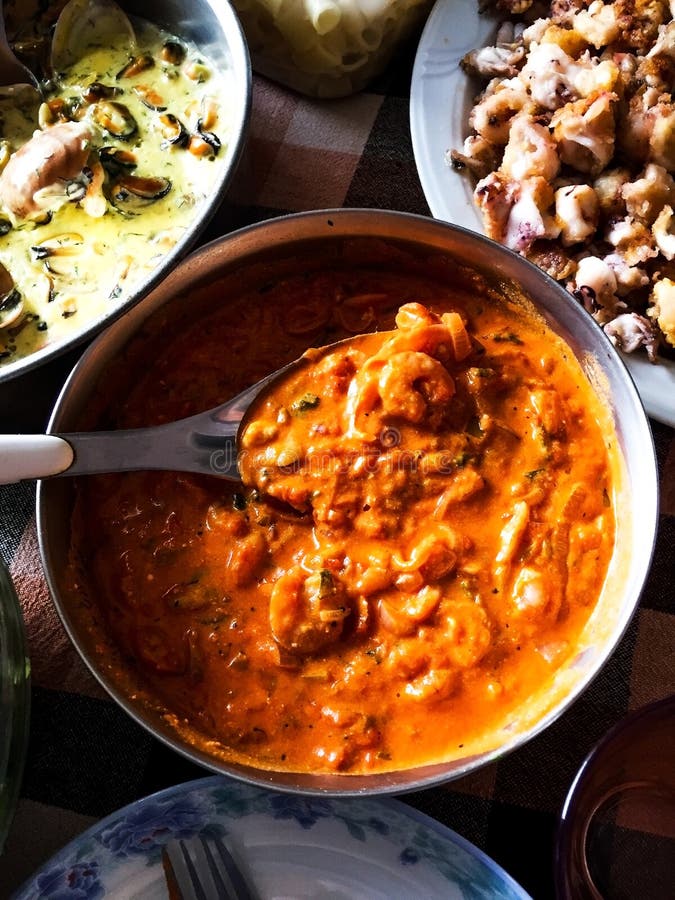 A Traditional Greek Starter of Shrimps Cooked with Tomatoes Cheese ...