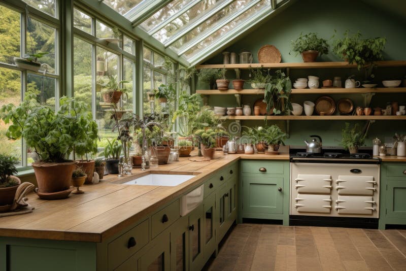 Traditional Green Kitchen with Natural Elements Stock Illustration ...