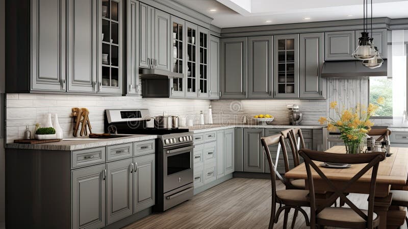 Traditional Grey Kitchen Cabinets Stock Illustration - Illustration of ...