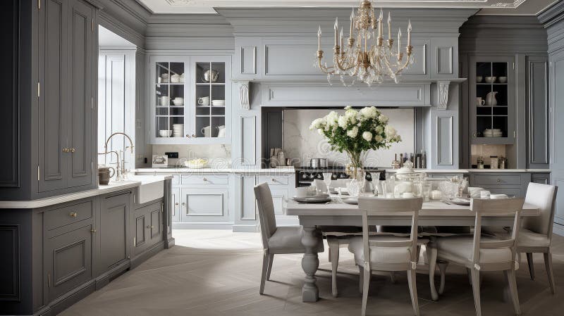 Traditional grey kitchen stock illustration. Illustration of cabinets ...