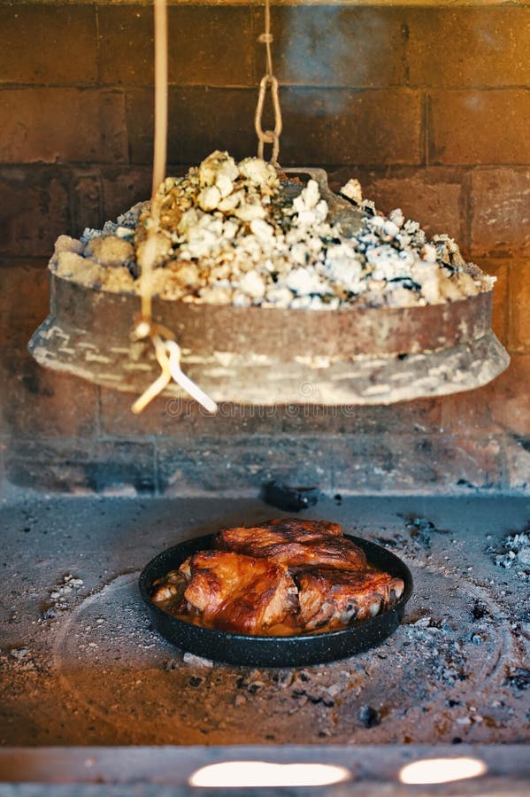 Traditional Grilled Meat in the Oven on Open Flame Stock Photo - Image ...