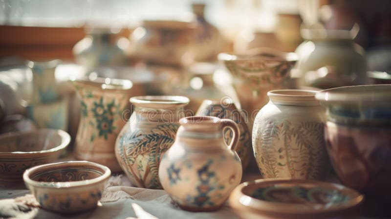 Traditional Hand-Painted Ceramic Pottery Collection in Sunlit Workshop ...