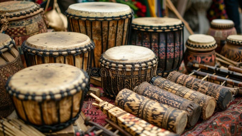 Traditional Handcrafted Drums and Instruments Laying on a Table Stock ...