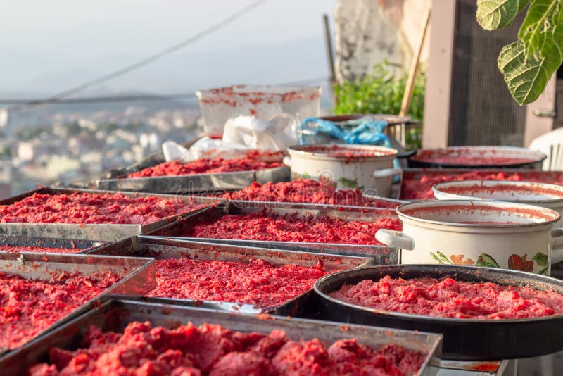 Traditional Handmade Tomato Paste Plates Making Process Shot Under Open ...