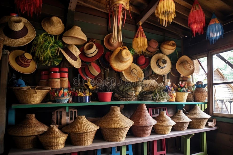 Traditional Hats and Baskets on a Floating Stall Stock Illustration ...