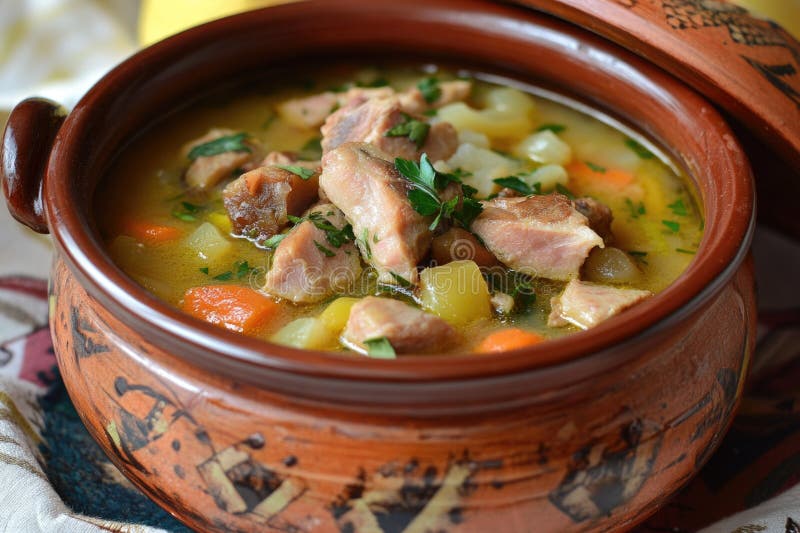 Traditional Hearty Stew in Rustic Pot with Vegetables and Tender Meat ...