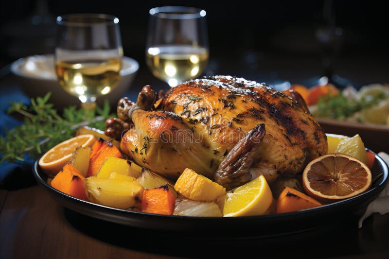 Traditional Holiday Feast. Roasted Turkey, Pudding, and Festive Drinks ...