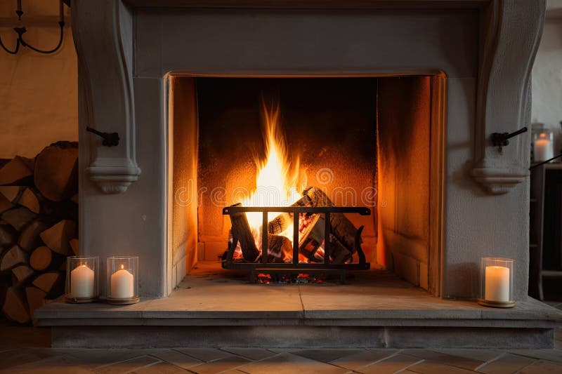 Traditional Home, with Warm and Cozy Fire in the Fireplace, during Cold ...