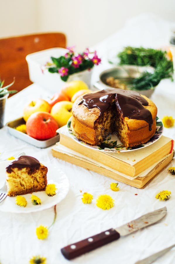 Traditional Homemade Chocolate Cake. Rustic Style and Natural Li Stock ...