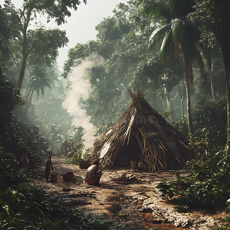 Traditional Hut in a Lush Jungle Environment with Smoke Stock ...