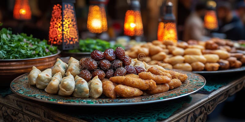 Close Up of Traditional Iftar Dishes Featuring Dates and Lanterns ...