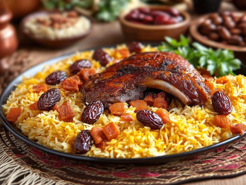 Traditional Iftar Spread with Rice, Meat, Dates, and Aromatic Spices ...