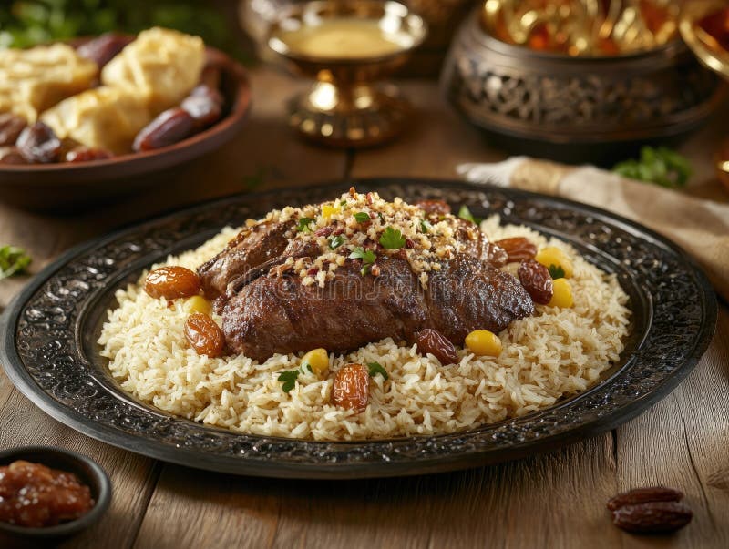 Traditional Iftar Spread with Rice, Meat, and Dates for Ramadan ...