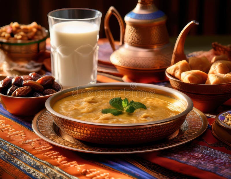 A Traditional Iftar Table Set with Dates, Milk, Samosas, Lentil Soup ...