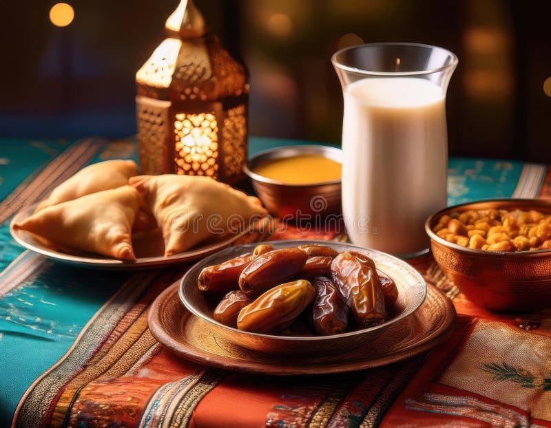A Traditional Iftar Table Set with Dates, Milk, Samosas, Lentil Soup ...