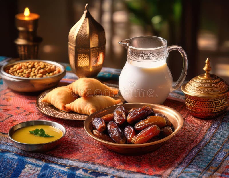 A Traditional Iftar Table Set with Dates, Milk, Samosas, Lentil Soup ...
