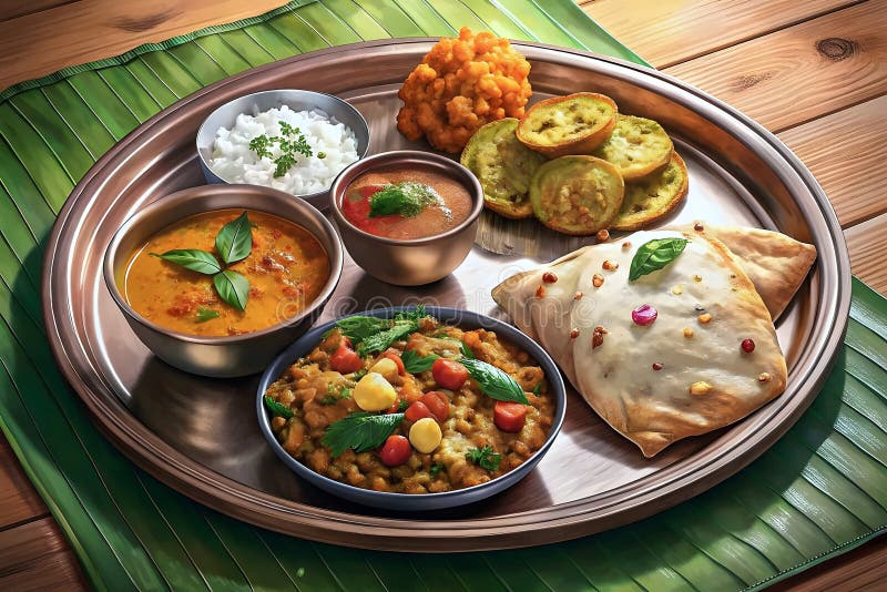 Traditional Indian Cuisine Platter Rice Curry Samosa Chutney Stock ...