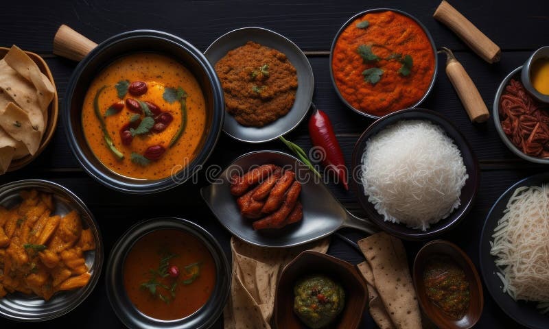 Traditional Indian Dishes on the Wooden Table Stock Illustration ...