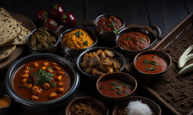 Traditional Indian Dishes on the Wooden Table Stock Illustration ...