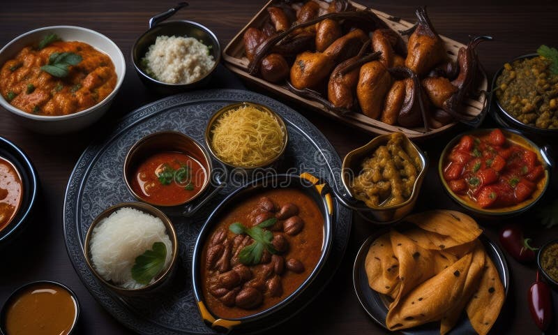 Traditional Indian Dishes on the Wooden Table Stock Illustration ...