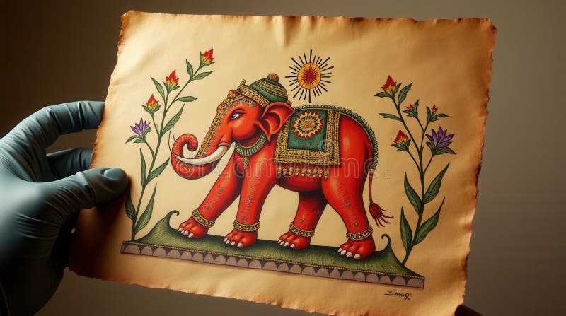 Traditional Indian Elephant Artwork on Aged Paper Held by Gloved Hand ...
