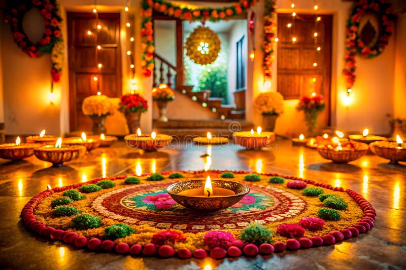 Traditional Indian Home Decorated with Diyas and Rangoli Stock ...