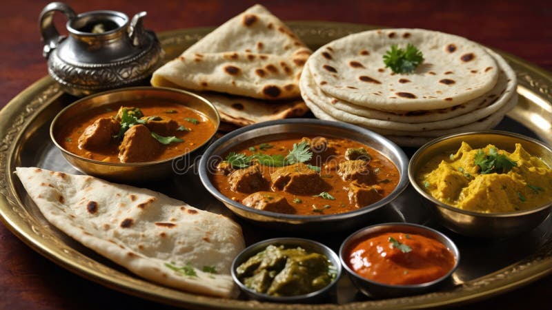 A Traditional Indian Meal Featuring Curries, Bread, and Condiments on a ...