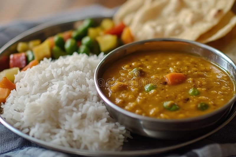 A Traditional Indian Meal Featuring Rice, Dal, Vegetables, and Papad ...