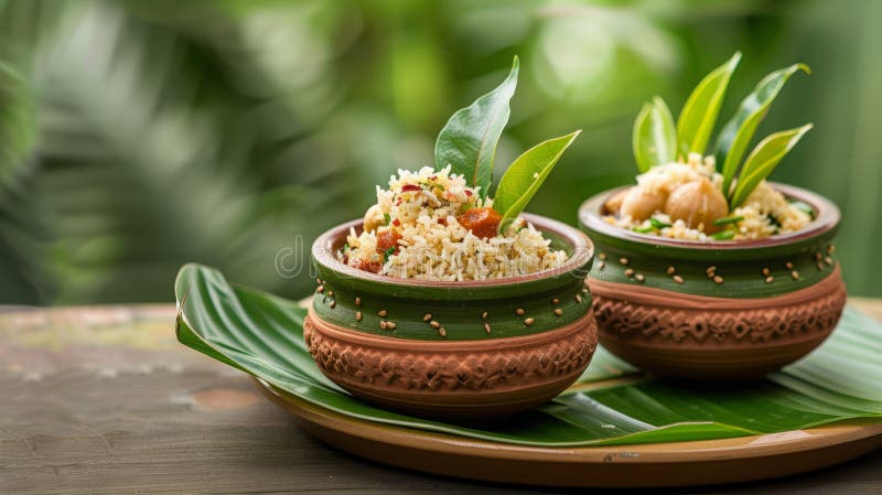 Traditional Indian Rice Served in Earthen Pots with Leaf Garnish Stock ...