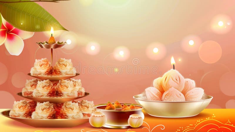 Traditional Indian Sweets Display with Festive Lighting and Decor for a ...