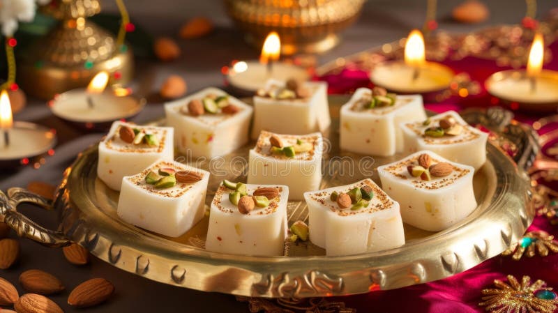 Traditional Indian Sweets on Ornate Plate with Festive Decor Stock ...