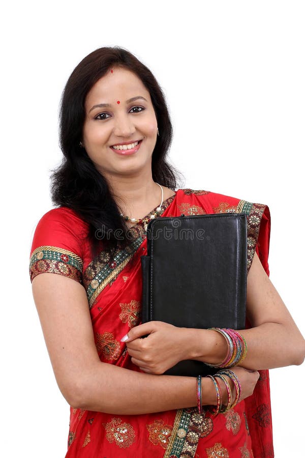 Traditional Indian Woman Using a Tablet Computer Stock Image - Image of ...