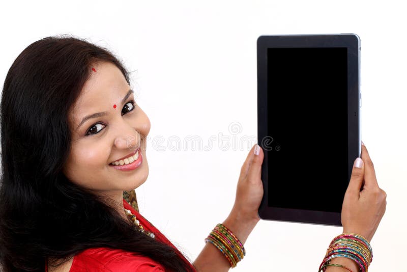 Traditional Indian Woman Using a Tablet Computer Stock Photo - Image of ...