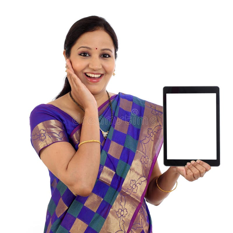 Traditional Indian Woman Using a Tablet Computer Stock Image - Image of ...