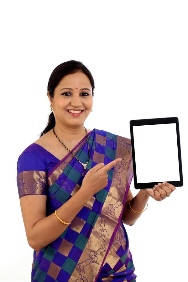 Traditional Indian Woman Using a Tablet Computer Stock Image - Image of ...