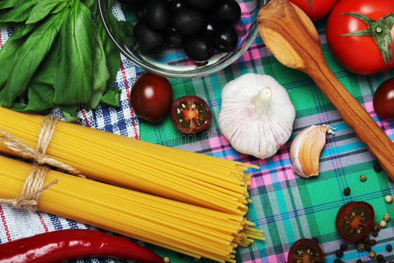 Ingredients for Traditional Italian Pasta Stock Photo - Image of cherry ...