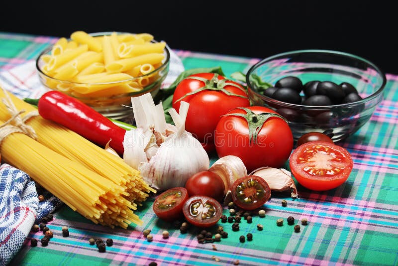 Ingredients for Traditional Italian Pasta Stock Photo - Image of onion ...
