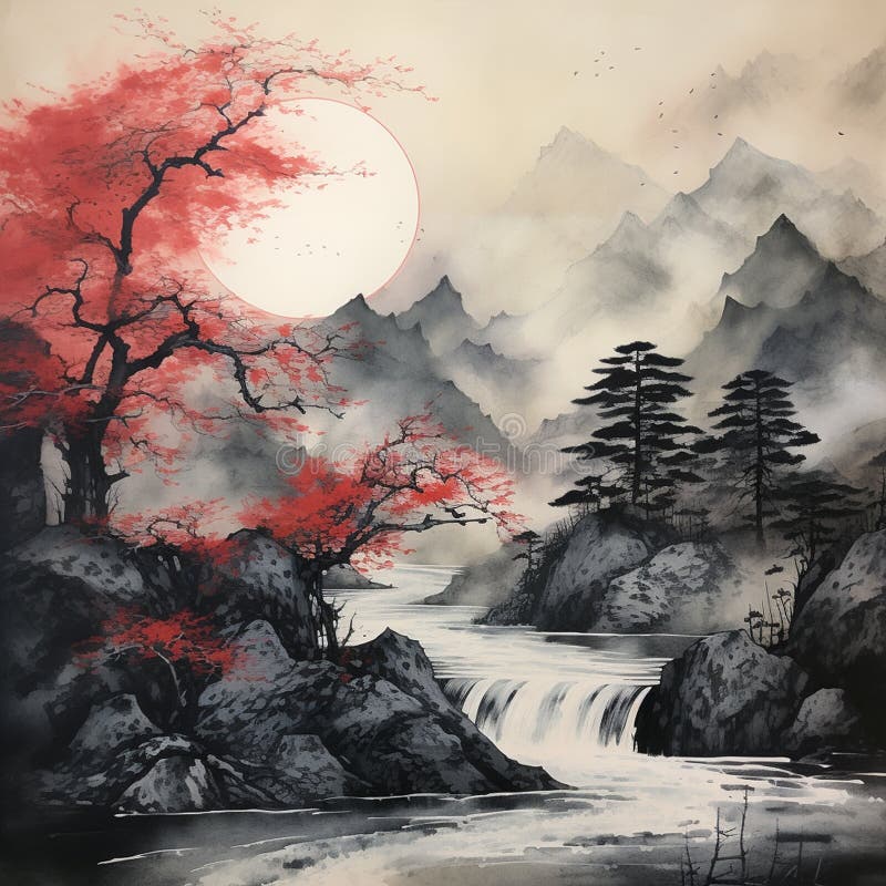 Traditional Ink Magic Hand-Crafted Sumi-E Stock Illustration ...