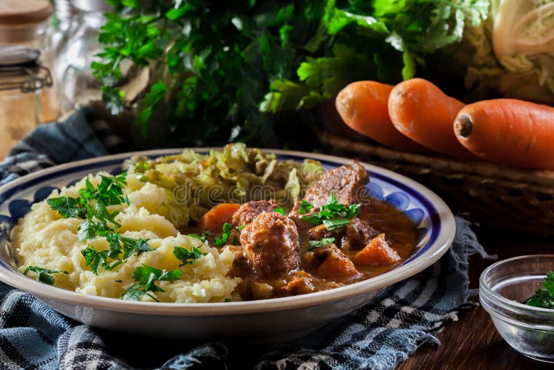 Traditional Irish Stew Served with Potatoes and Cabbage Stock Photo ...