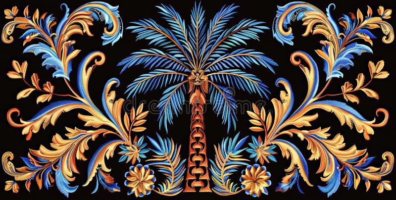 Traditional Islamic Art with Palm Tree in Embroidered Arabesque Pattern ...