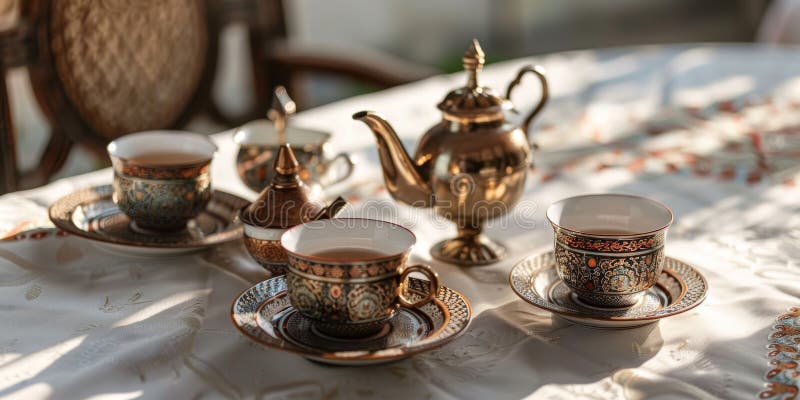 Traditional Islamic Tea Set Arranged Elegantly on a White Tablecloth ...