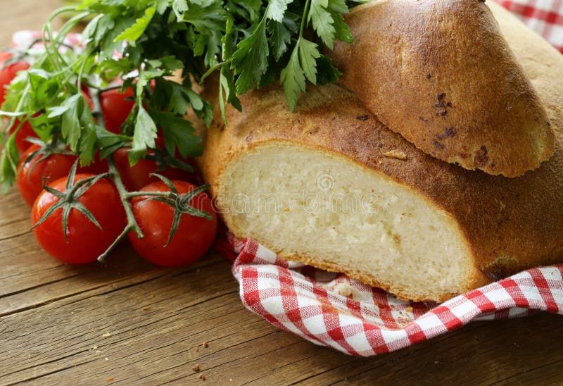 Traditional Italian Ciabatta Bread with Tomatoes Stock Photo - Image of ...