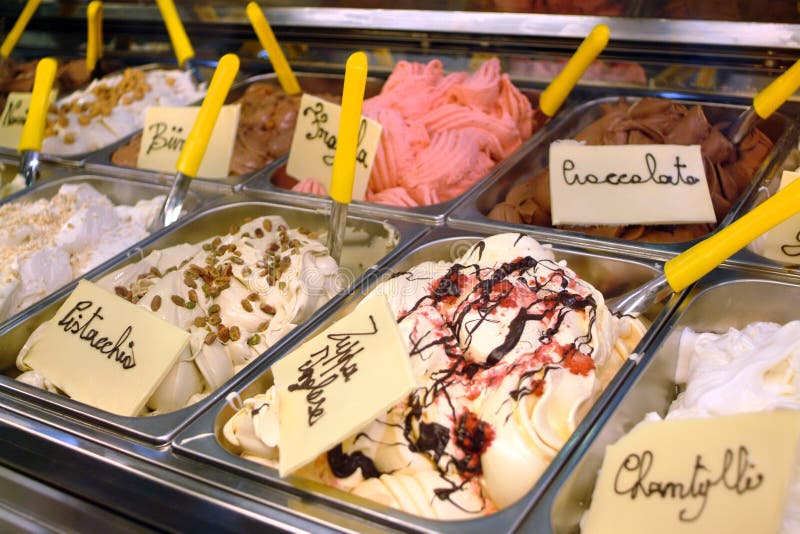Traditional Italian Ice Cream on Display in a Bar Freezer Stock Photo ...
