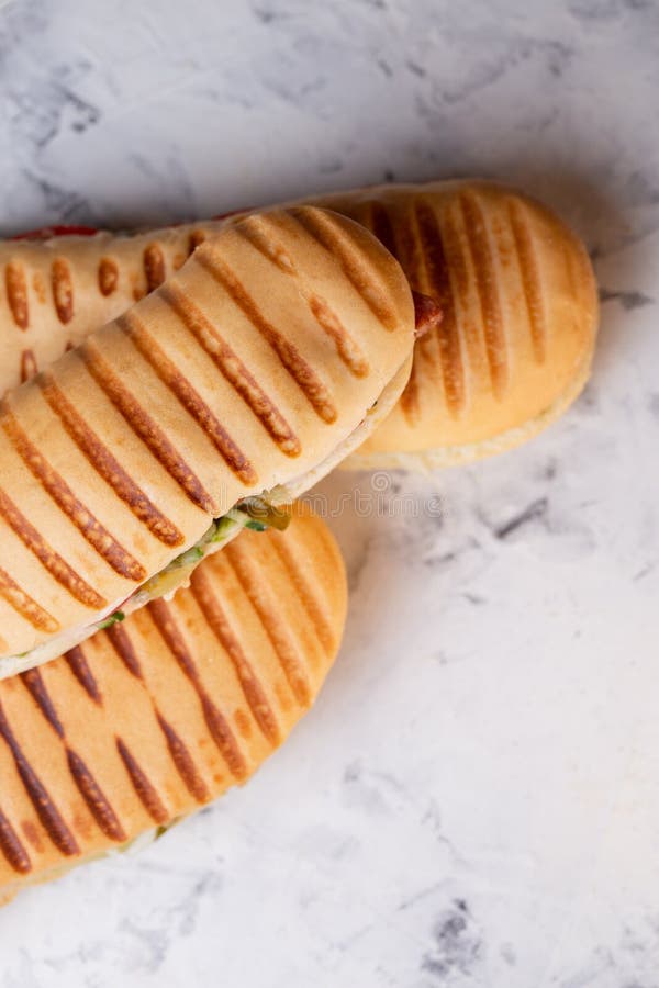 Traditional Italian Panini with Filling. Three Panini Top View Stock ...