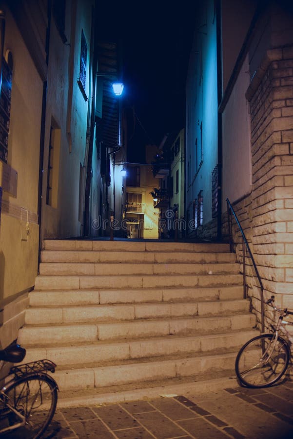 Traditional Italian Street at Night Stock Image - Image of streetlights ...