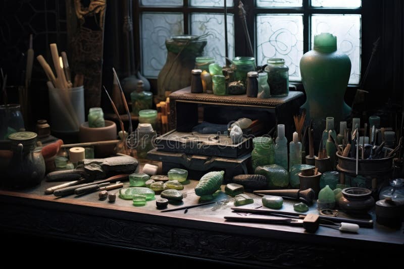 Traditional Jade Carving Tools and Workspace Stock Illustration ...