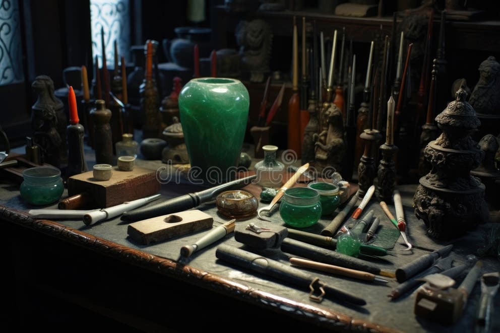 Traditional Jade Carving Tools and Workspace Stock Illustration ...