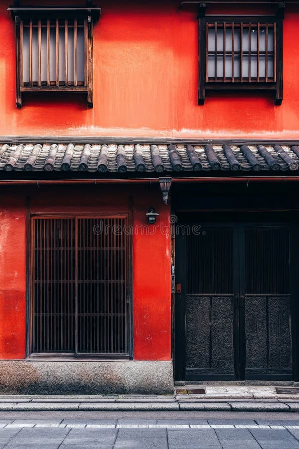 Traditional Japanese Architecture with Red Exterior and Wooden Elements ...